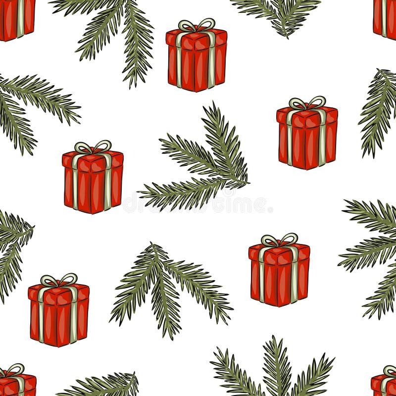 Christmas Pattern, Hand Drawn Print Tree Branch and Gift Box Stock ...