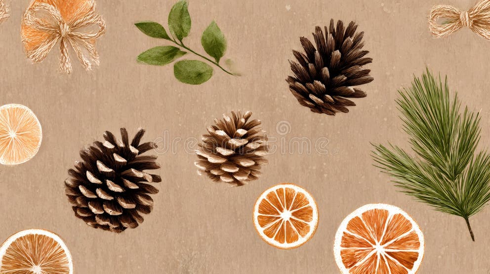 Christmas Pattern with Pine Cones, Dried Orange Slices and Pine ...