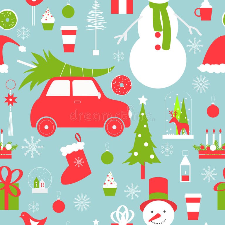 Christmas Pattern with Snowman, Car and Tree Stock Vector ...