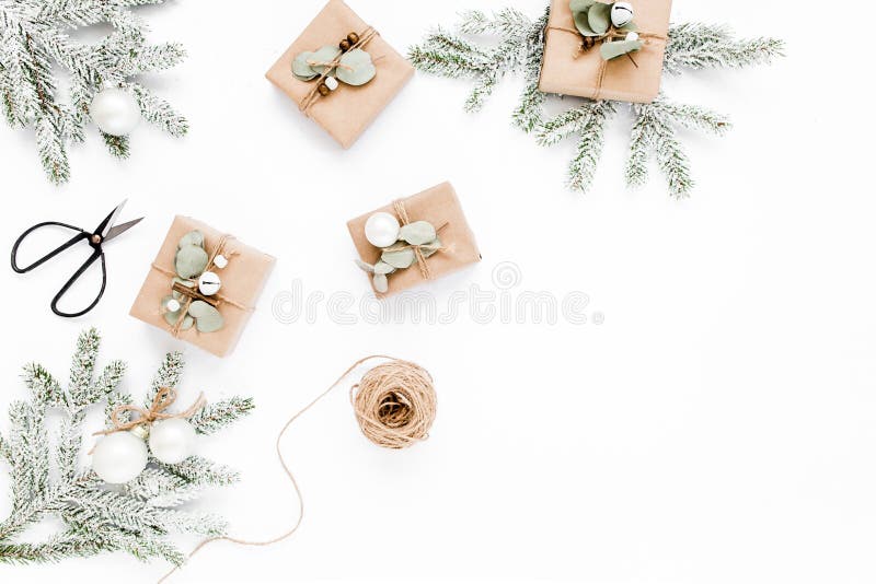 Christmas Pattern, Texture Made in of Craft Boxes and Green Branches in ...