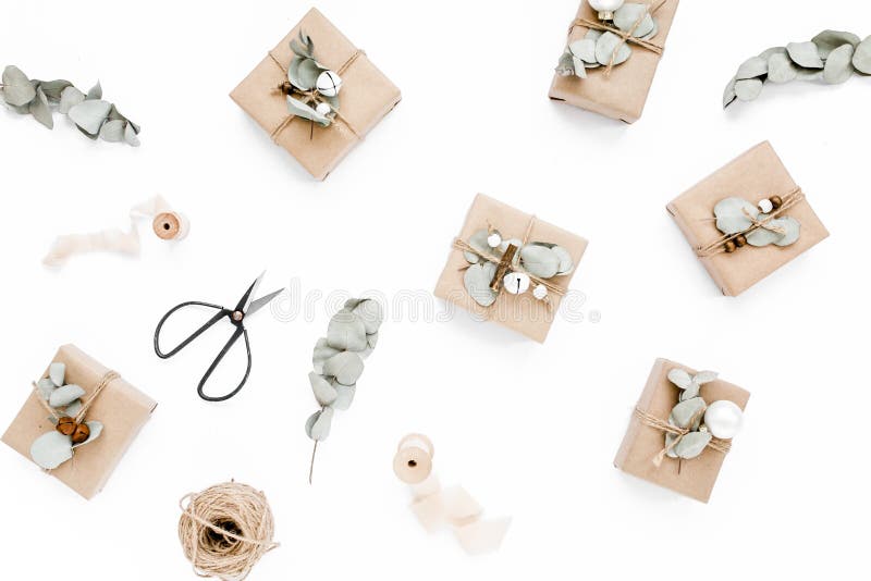 Christmas Pattern, Texture Made in of Craft Boxes and Green Branches in ...