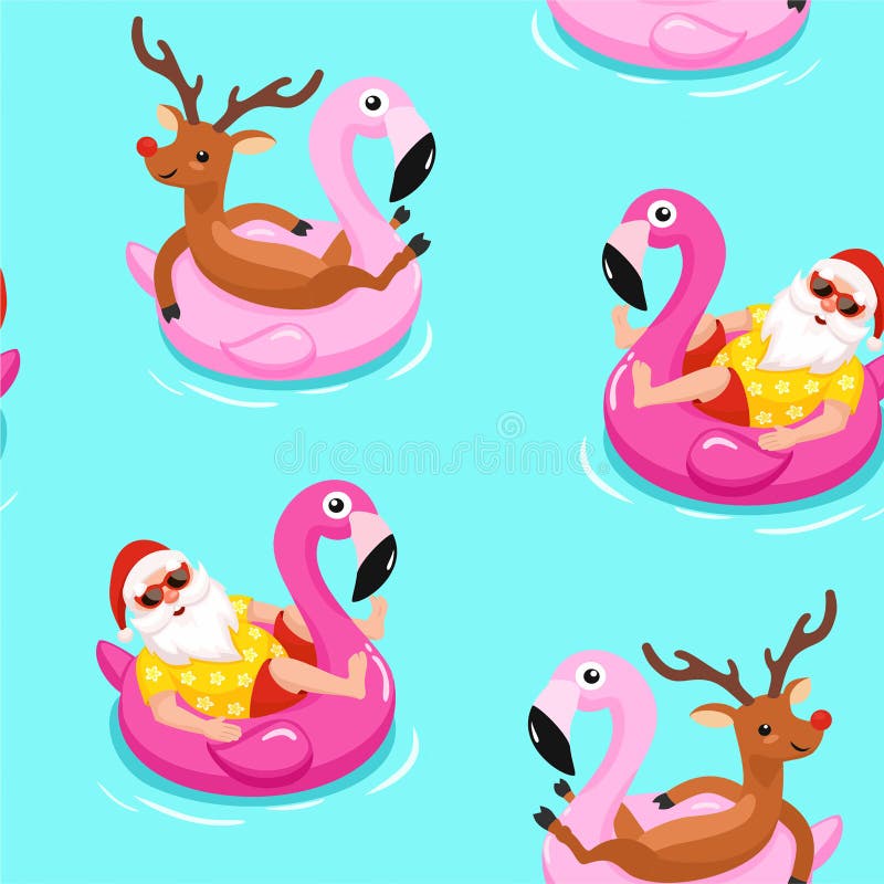 Santa Claus with Flamingo Inflatable Ring.Tropical Christmas. Vector ...