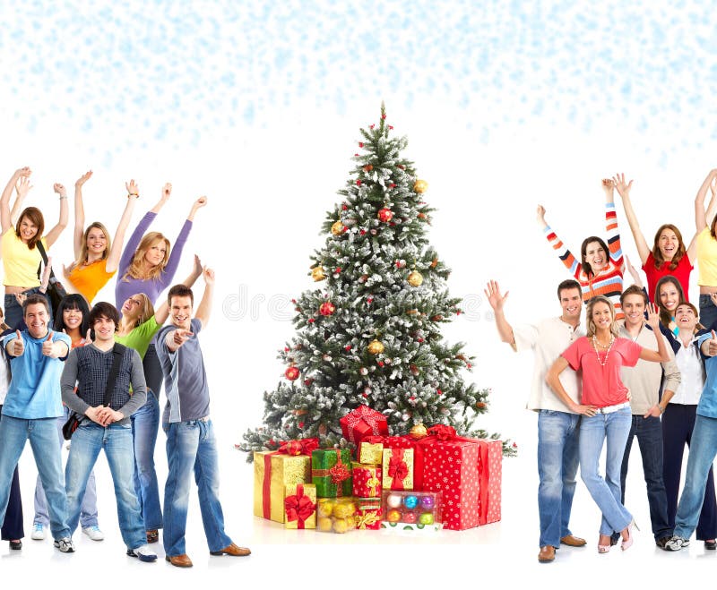 Group People and Christmas Tree. Stock Image - Image of isolated, dress ...