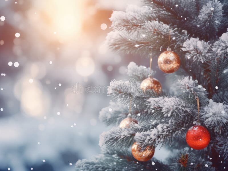 Christmas Pine Tree Christmas Balls with Bokeh Background Stock ...