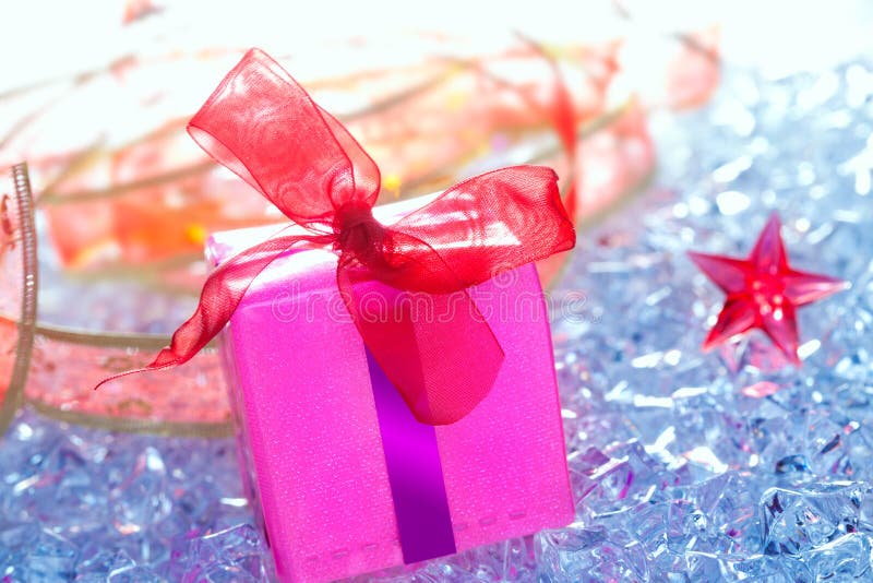 Christmas Pink Gift Box with Ribbon Winter Ice Stock Photo - Image of ...