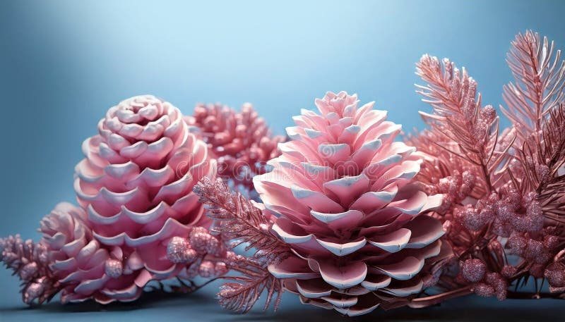 Christmas Pink Pinecones on Blue Background, 3d Illustration Stock ...