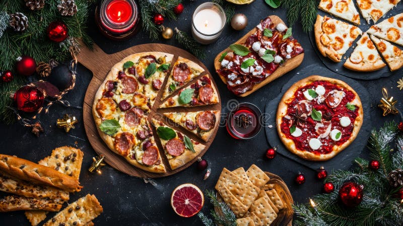 Christmas Pizza Party with Festive Decorations and Appetizers Stock ...