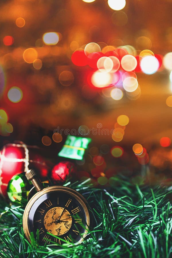 Christmas Pocket Watch with Ball and Gift Box in Blur Background Stock ...