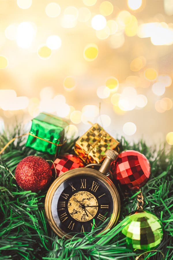 Christmas Pocket Watch with Ball and Gift Box in Blur Background Stock ...