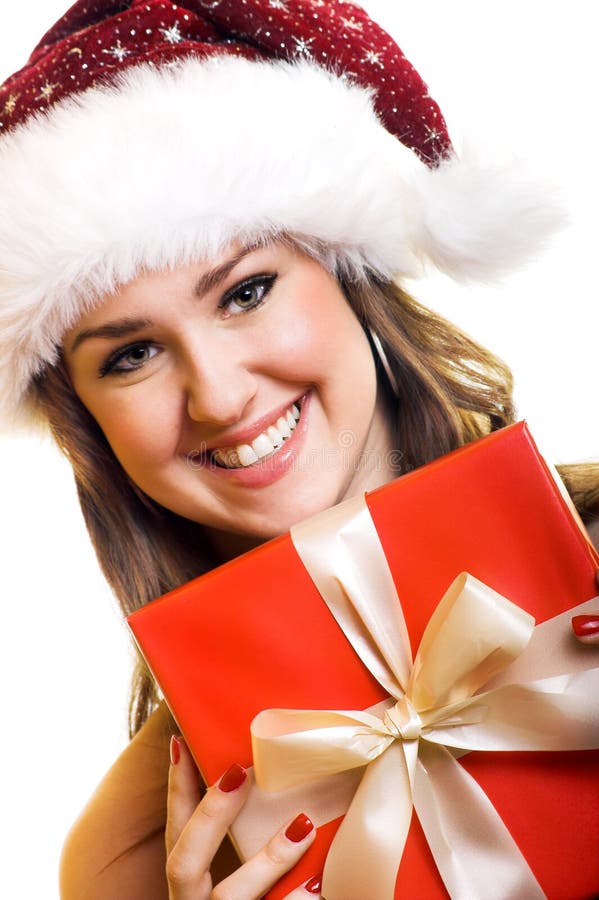 Happy Young Woman Holding Christmas Present Box in Front of Face Stock ...