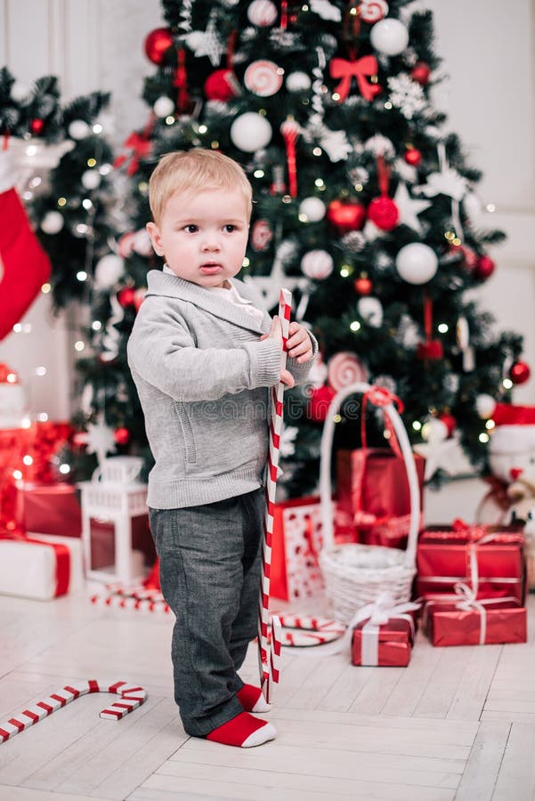 Christmas Portrait of a Young Boy Cozy Atmosphere Around the Fireplace ...