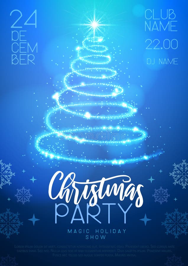 Christmas Poster with Magic Blue Christmas Tree and Glowing Shiny Trail ...