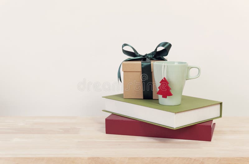 Christmas Present and Cup on Wood Table with Copy Space Stock Photo ...