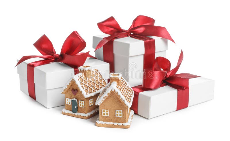 Christmas Present. Gift Boxes and Small Gingerbread Houses on White ...