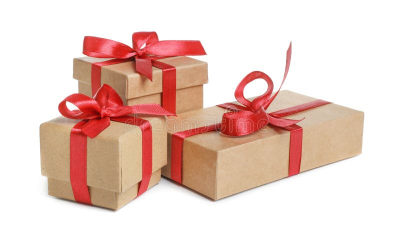 Christmas Present. Many Kraft Gift Boxes on White Background Stock ...