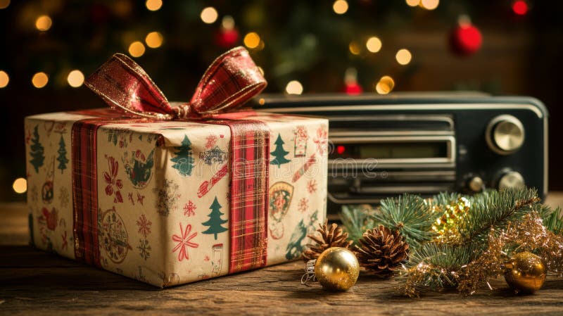 Christmas Present with Red Bow, Ornaments, and a Vintage Radio Stock ...