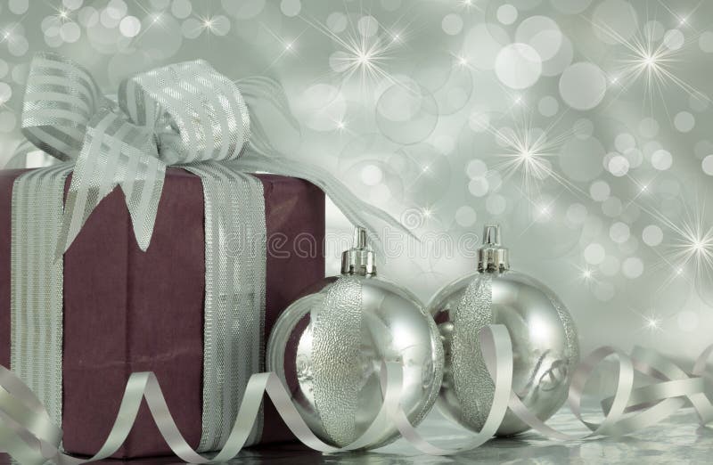 Christmas Present with Silver Baubles. Stock Image - Image of tree ...