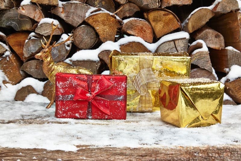 Christmas Presents and Deer Figurine Stock Image - Image of close ...