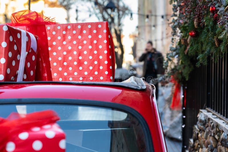 Christmas Presents and Gift Boxes on the Roof Top of a Car Stock Image ...