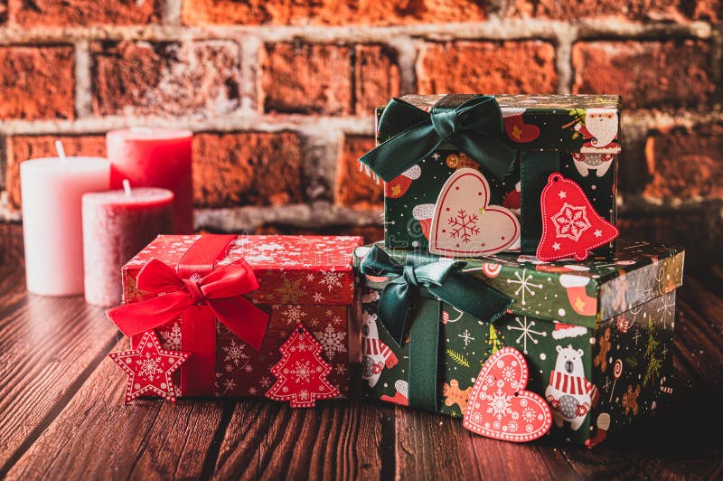 Christmas Presents. Christmas Gift Boxes on Wood. Stock Image - Image ...