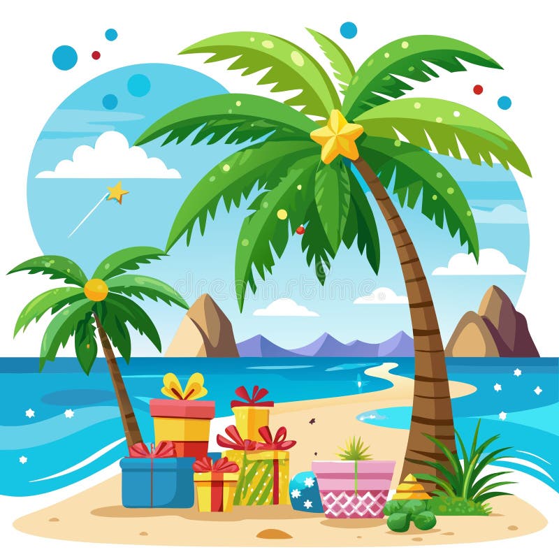 Christmas Presents. Gifts on Tropical Beach Under Palm Tree Stock ...