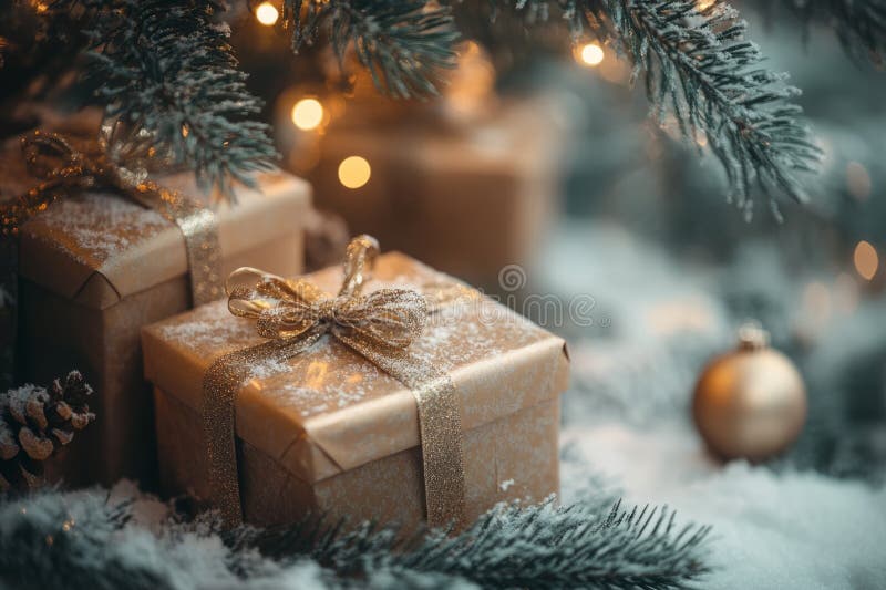 Christmas Presents are Lying in the Snow Under a Christmas Tree with a ...