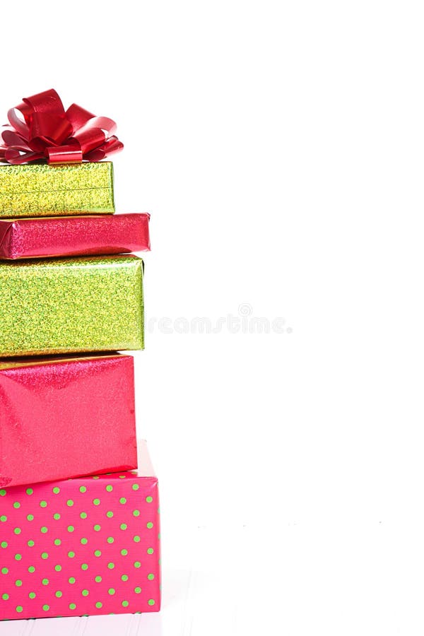 Tall Stack of Christmas Presents Isolated on White Stock Photo - Image ...