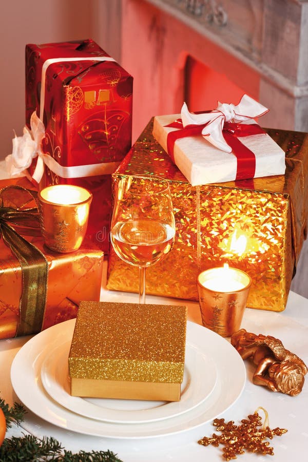 Christmas Presents on Table, Elevated View Stock Photo - Image of ...