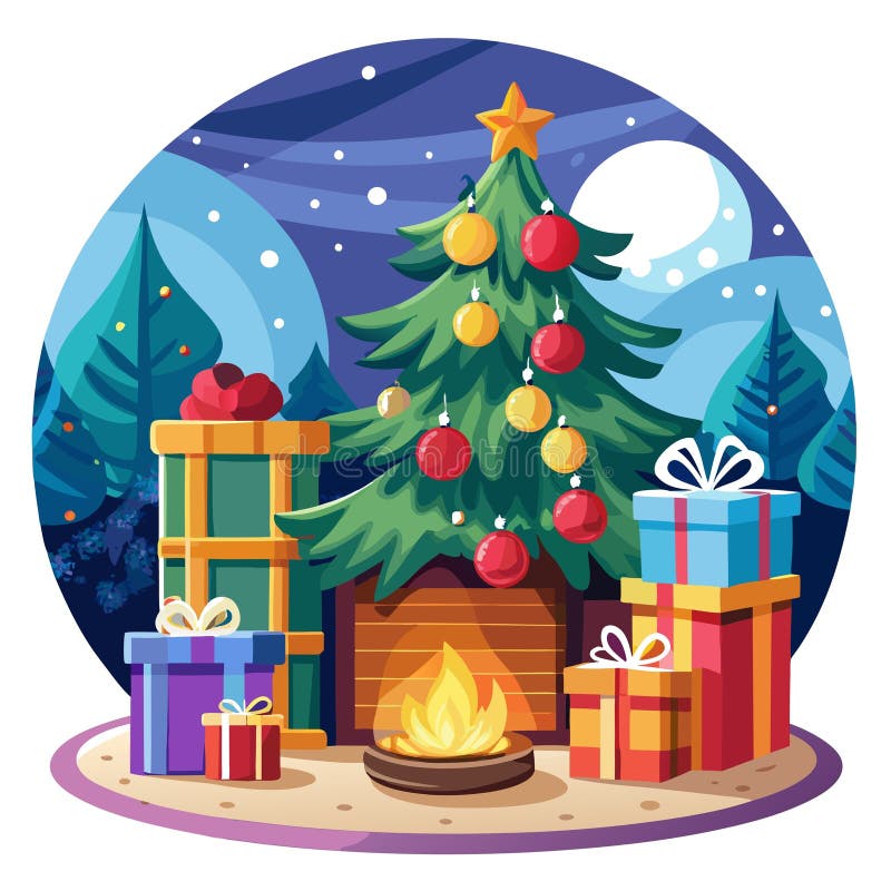 Christmas Presents Waiting Under the Tree with Fireplace Burning in Background Stock Vector ...