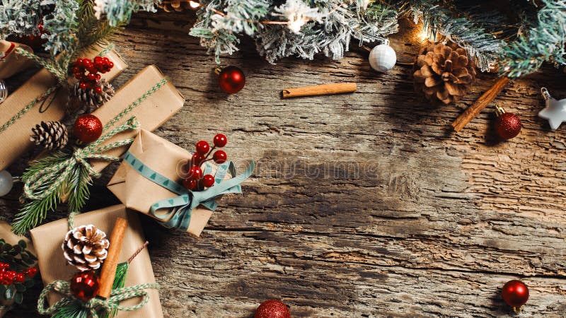 Christmas Presents and Wooden Table with Copy Space Stock Image - Image ...