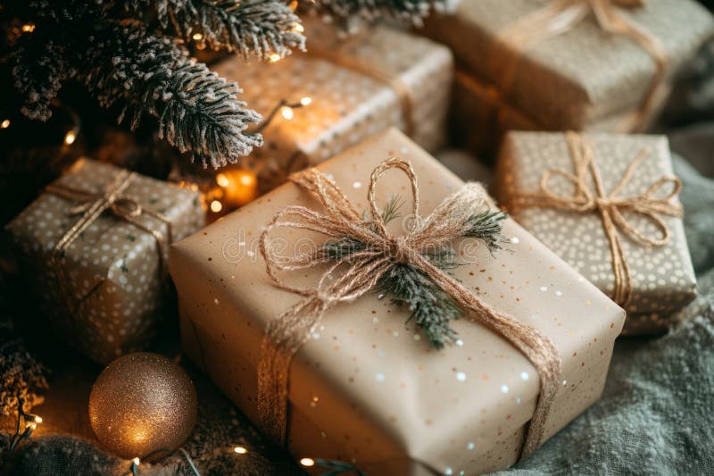 Christmas Presents Wrapped in Brown Paper are Lying Under Decorated ...