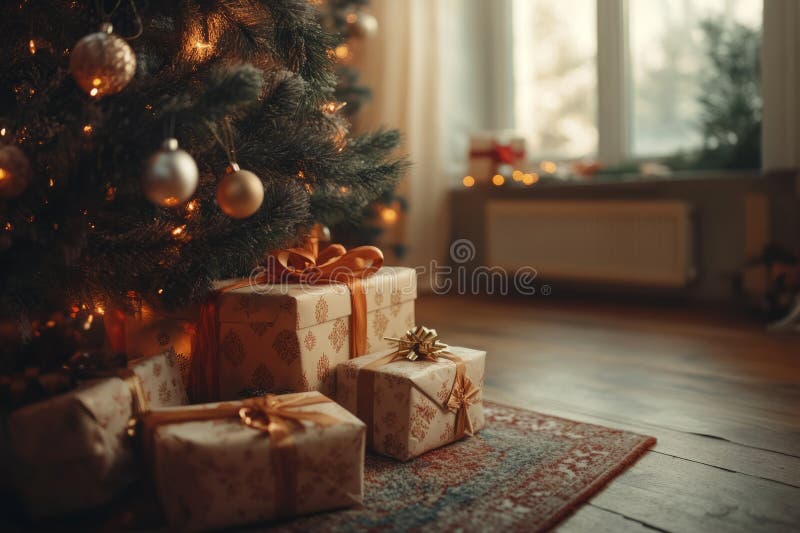 Christmas Presents Wrapped in Brown Paper are Lying Under Decorated ...