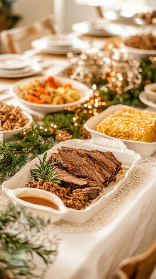 Christmas Prime Rib Roast Being Served on Table with Side Dishes Stock ...