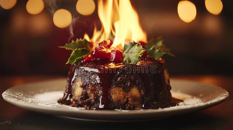 Christmas Pudding on Fire with Holly and Red Berries Stock Illustration ...