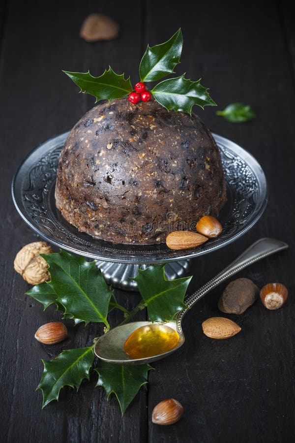 Christmas Pudding with Holly Twig Stock Photo - Image of brandy, berry ...