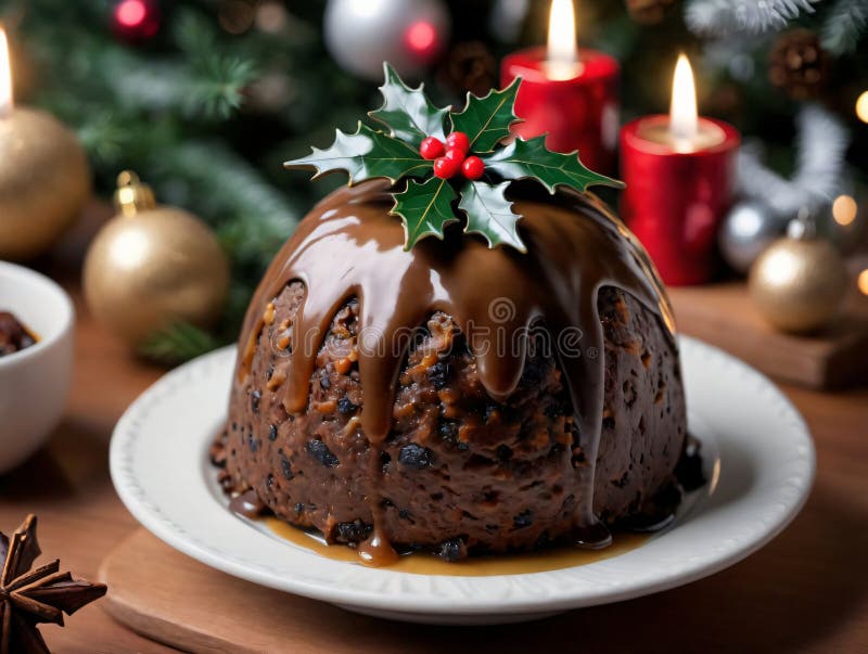 A Christmas Pudding on a Plate with a Candle in the Background ...