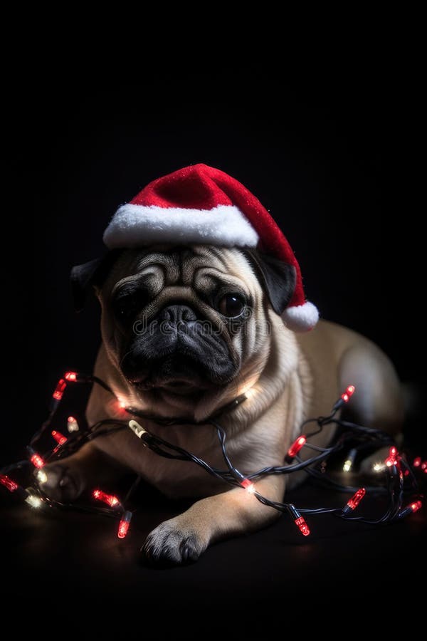 Christmas Pug with a Santa Hat and Festive Lights on a Black Background ...