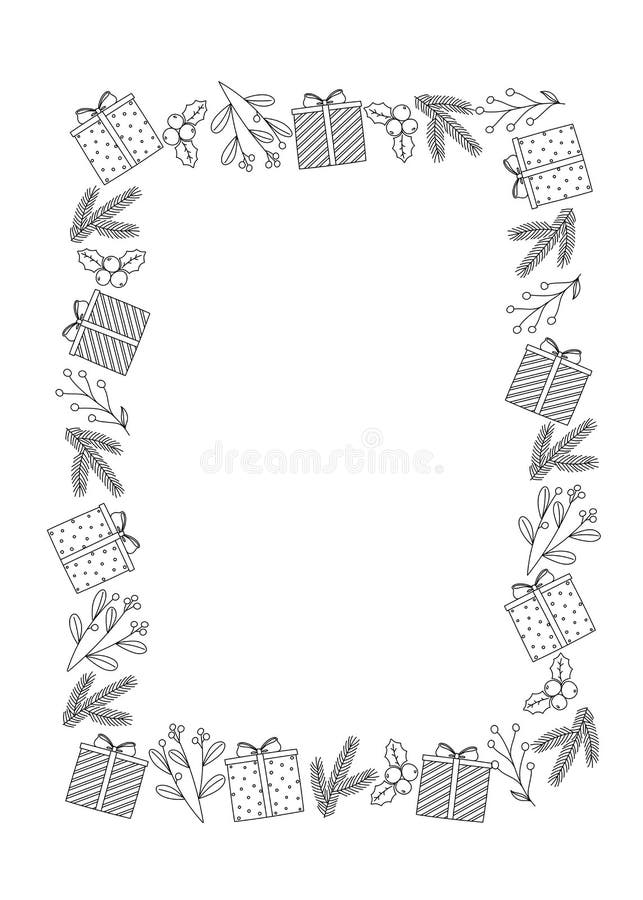 Christmas Rectangular Frame with Winter Plants, Berries and Gift Boxes ...