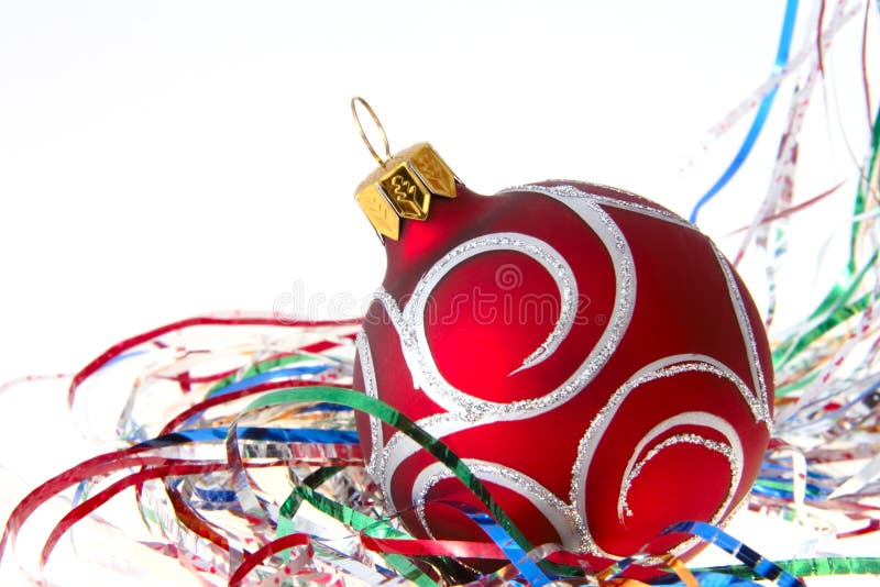 Christmas Red Ball among Colored Tinsel Over White Stock Photo - Image ...