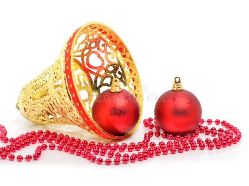 Christmas Red Baubles, Yellow Bell and Beads Stock Image - Image of ...