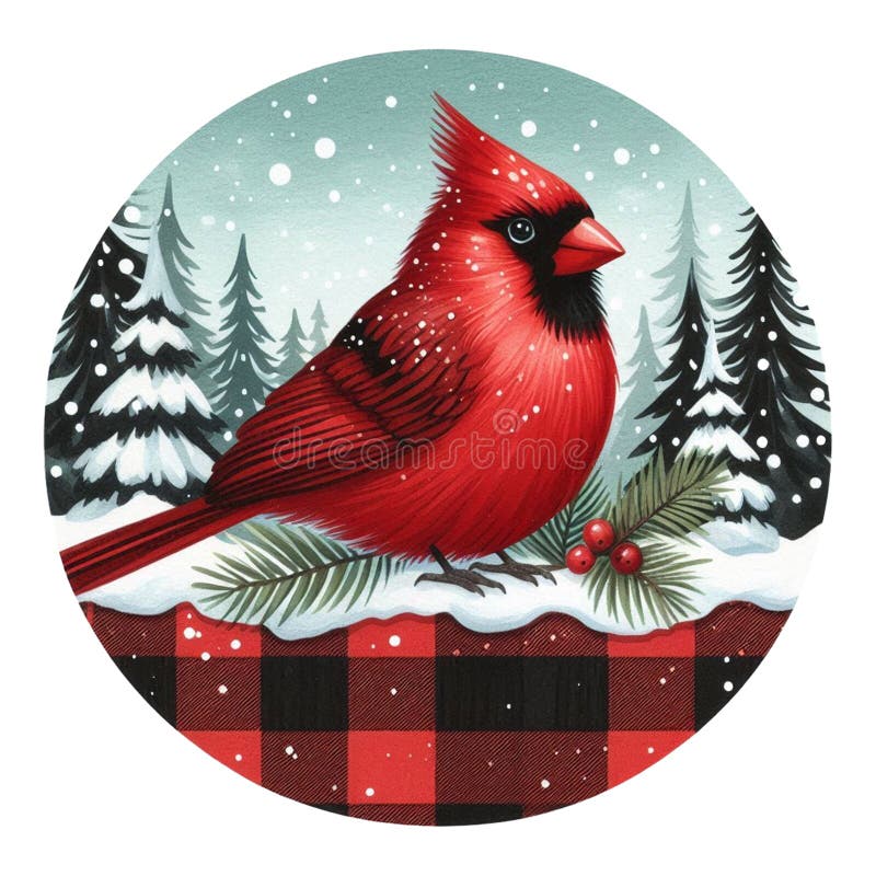 Christmas Red Cardinal with Trees Round Ornament Stock Illustration ...