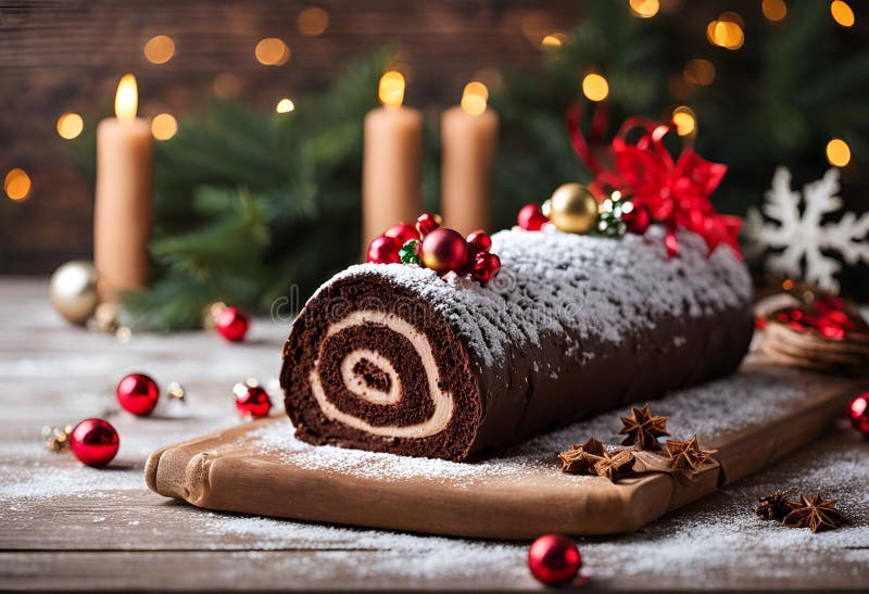 Christmas Rolled Chocolate Yule Log Cake Stock Illustration ...
