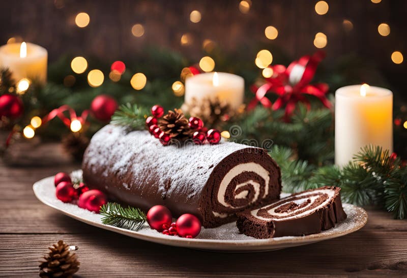 Christmas Rolled Chocolate Yule Log Cake Stock Illustration ...