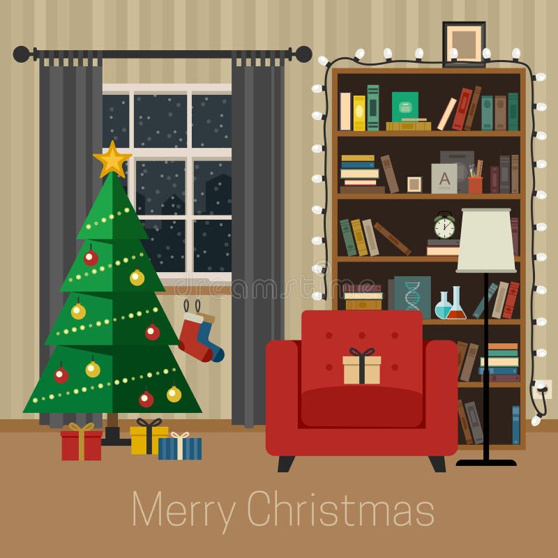 Christmas room interior. stock vector. Illustration of room - 63799016