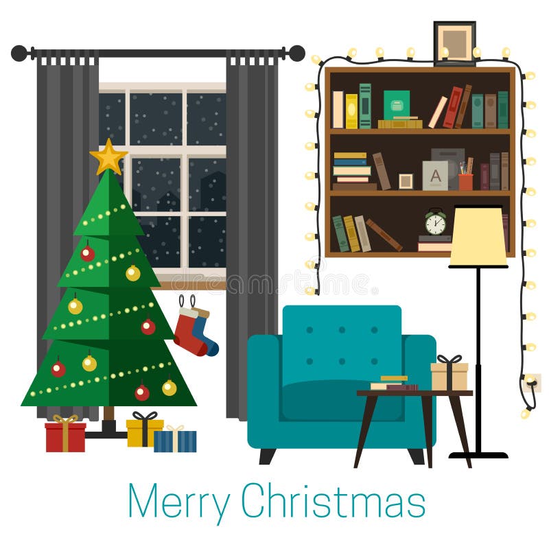 Christmas room interior. stock vector. Illustration of happy - 63839234