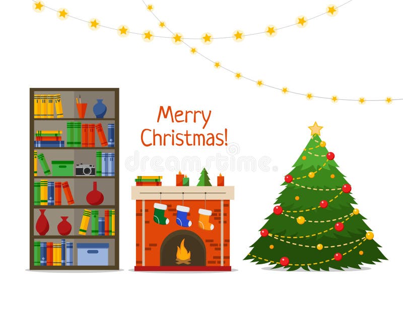 Christmas Room Interior. Christmas Tree and Fireplace with Gifts, Socks ...