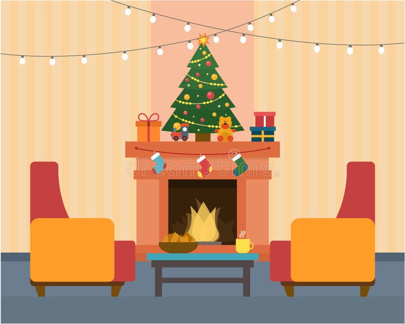 Christmas room interior. stock vector. Illustration of furniture - 62316006