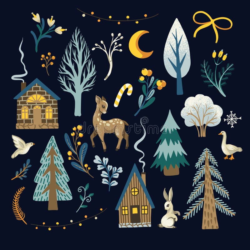 Christmas Rustic Animals, Birds and Trees Isolated. Wallpaper Print ...