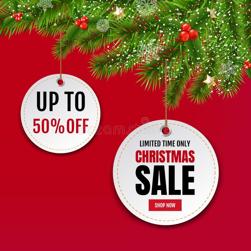 Christmas Sale Labels with Fir Tree Border Red Background Stock Vector ...