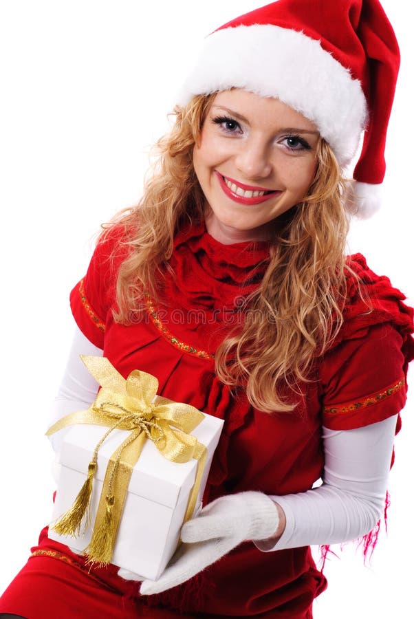 Two Christmas Santa Girl with Gift Stock Image - Image of festival ...